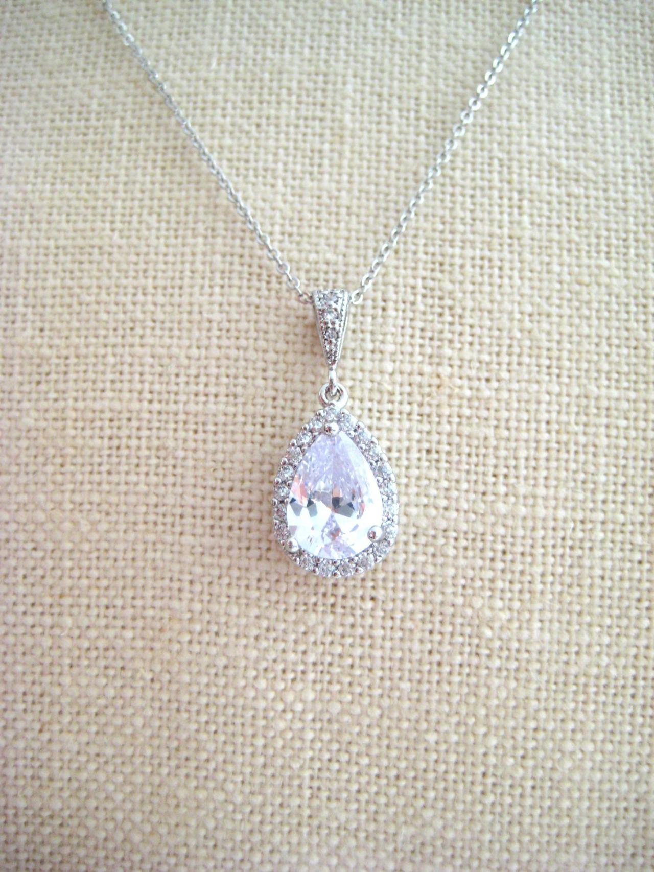Bridal Crystal Teardrop Necklace Clear Cubic Zirconia Wedding Pendant ...