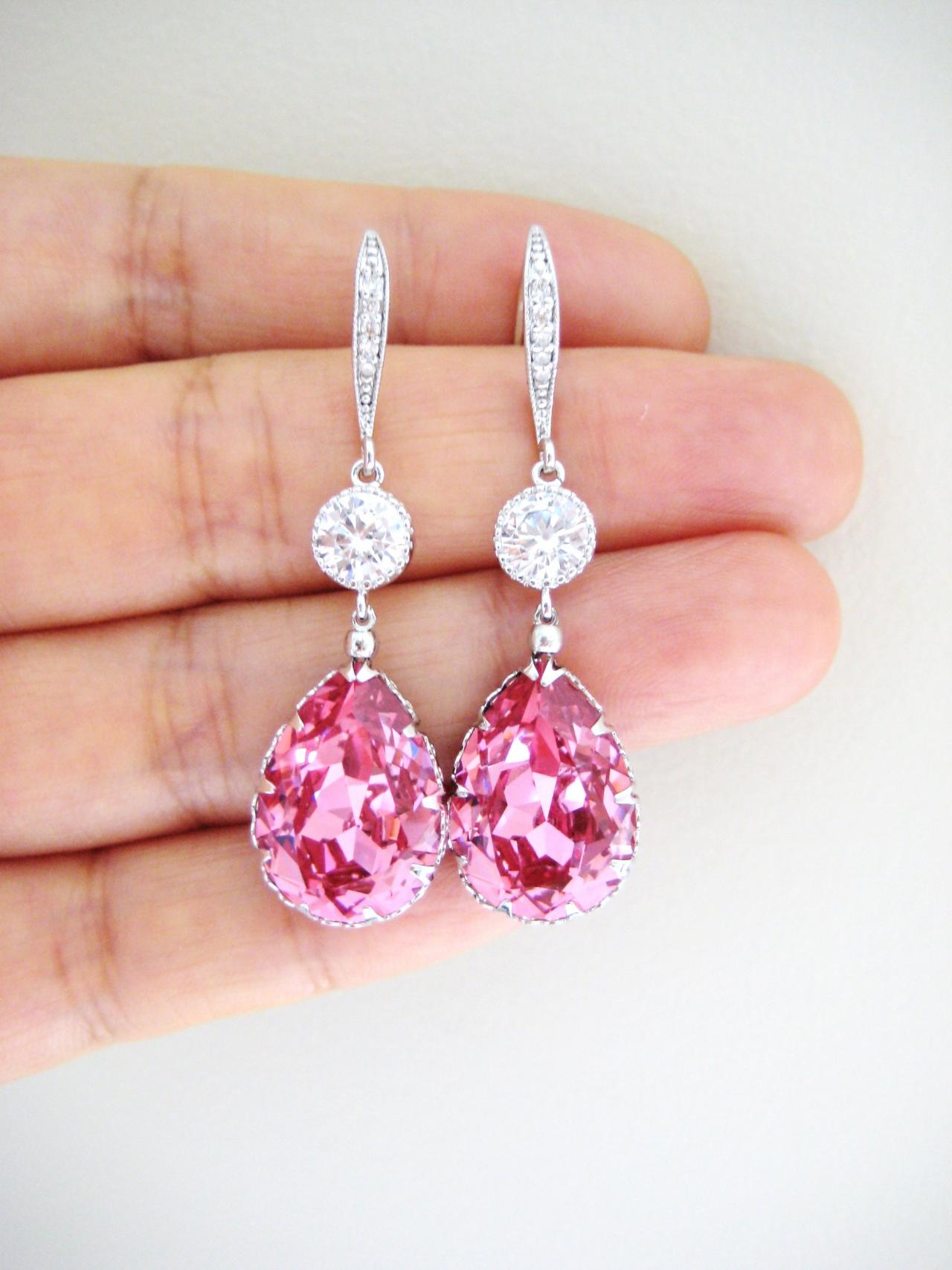 Ruby Pink Earrings Swarovski Crystal Teardrop Pink Earrings Long Dangle ...