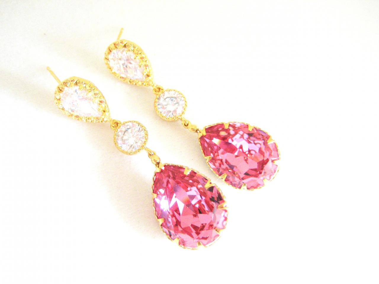 Ruby Pink Earrings Swarovski Crystal Teardrop Pink Earrings Long Dangle ...