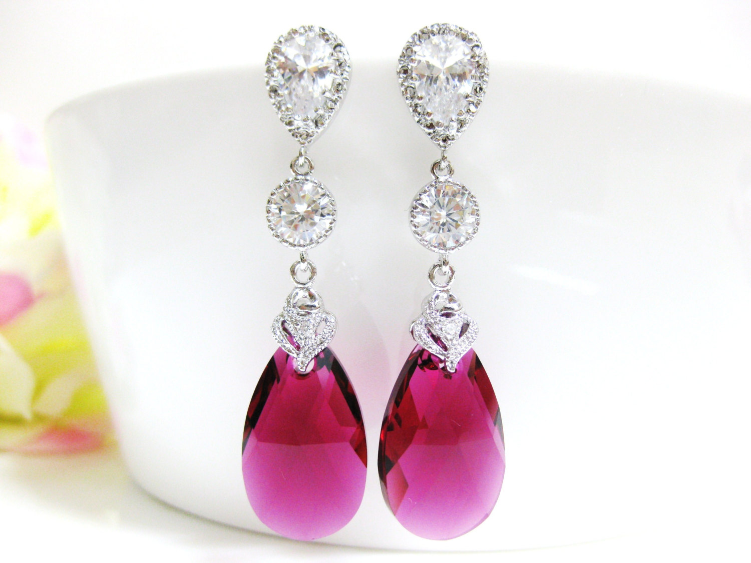 Fuchsia Teardrop Earrings Swarovski Ruby Earrings Pink Earrings Cubic ...