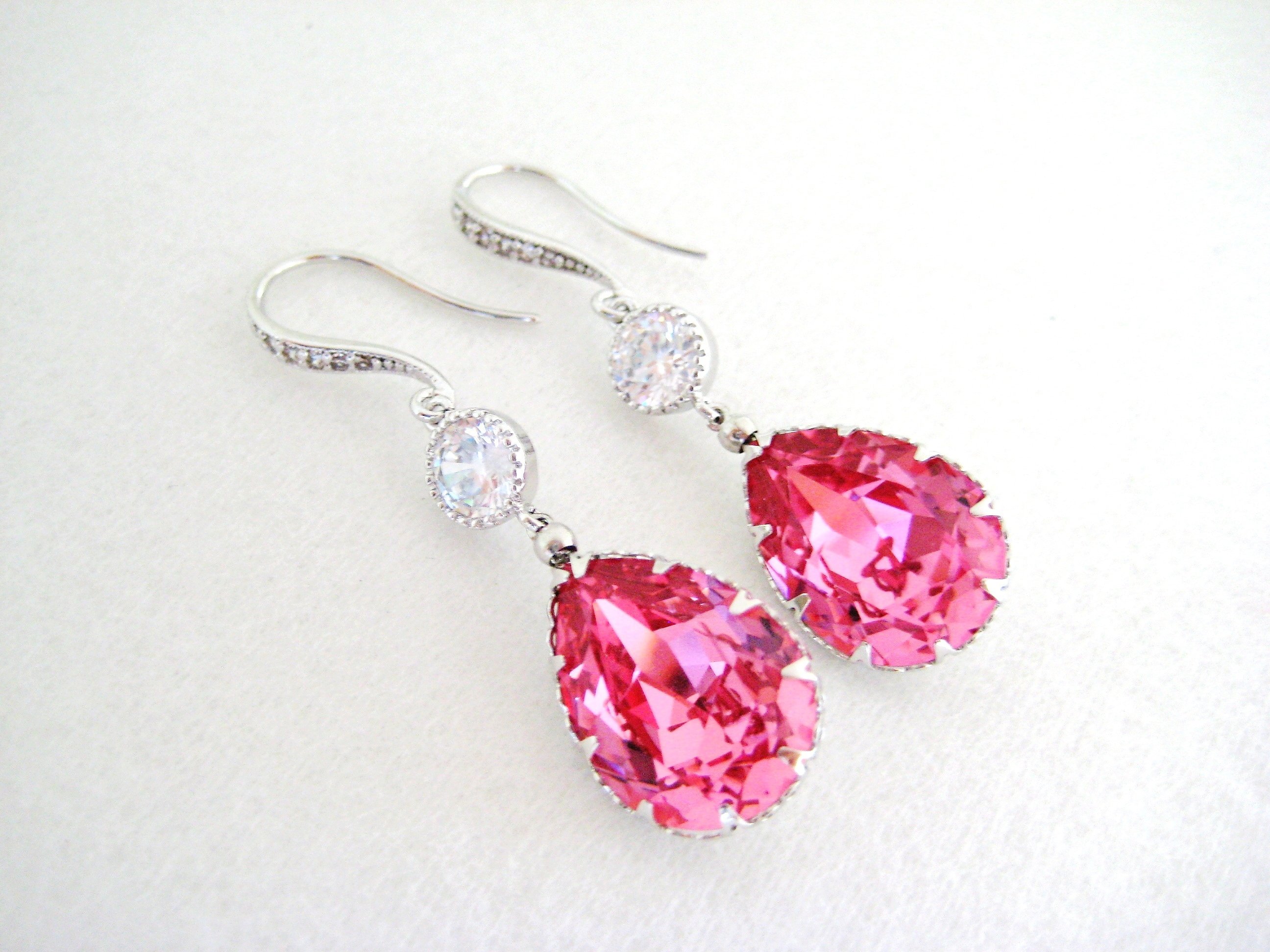 Ruby Pink Earrings Swarovski Crystal Teardrop Pink Earrings Long Dangle ...
