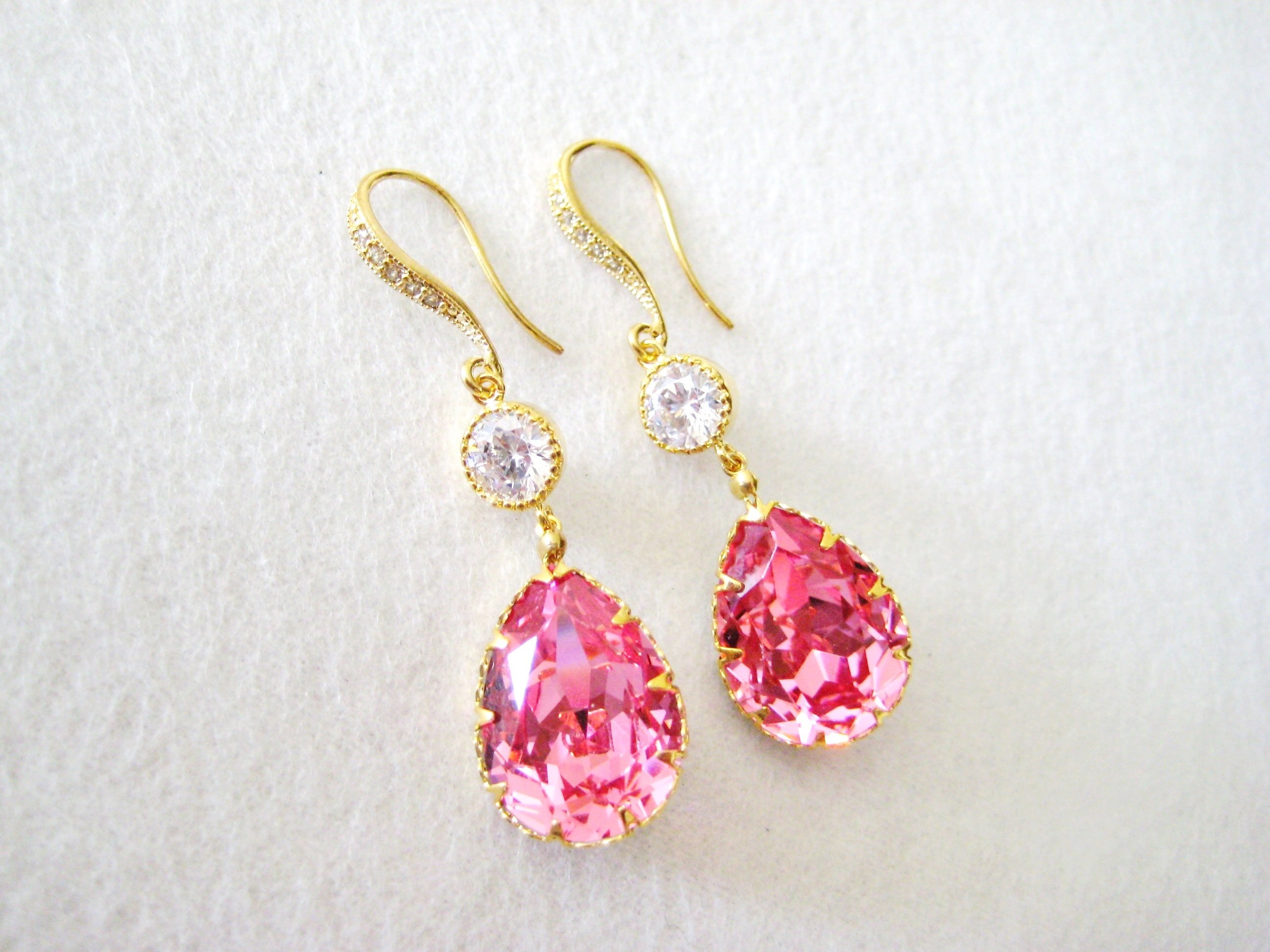 Ruby Pink Earrings Swarovski Crystal Teardrop Pink Earrings Long Dangle ...